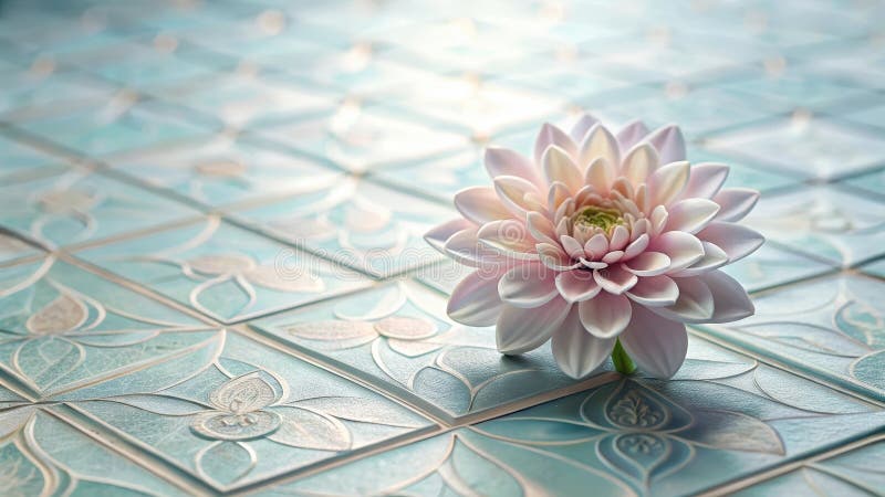 Serene Pink Bloom on Ornate Aqua Tiles a Study in Soft Textures and ...