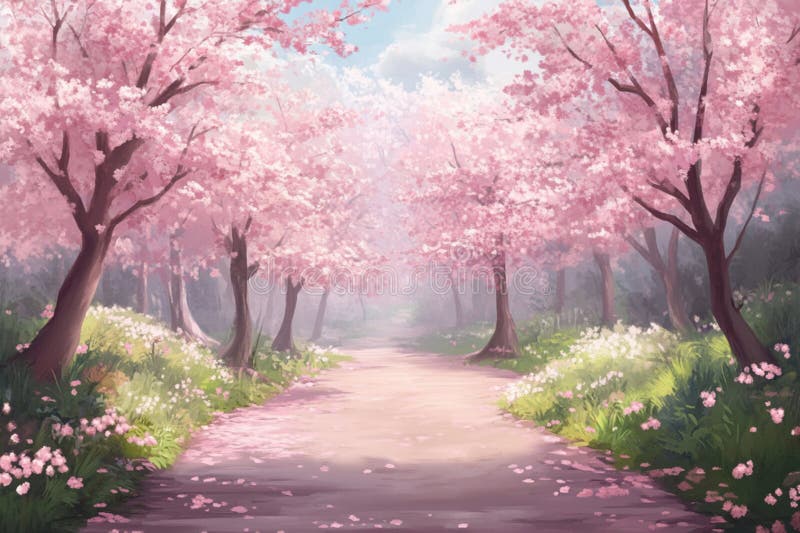 Serene Pink Blossom Tree Lined Path Spring Nature Scene Magical Pathway ...