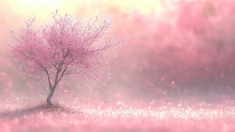 Serene Pink Blossom Tree Gentle Misty Landscape Petals Stock Photos ...