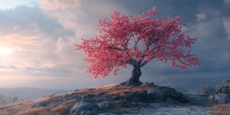 Serene Pink Blossom Tree Sunrise Landscape Wallpaper Stock Illustration ...