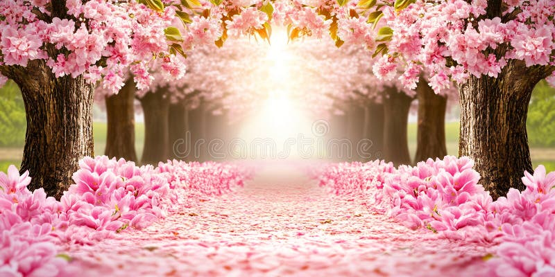 Serene Pink Blossom Tree Tunnel Path Spring Flowers Nature Scenery ...
