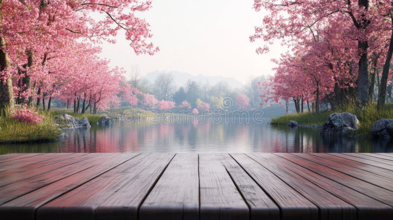 Serene Pink Cherry Blossom Trees Reflecting on Calm Lake Stock ...
