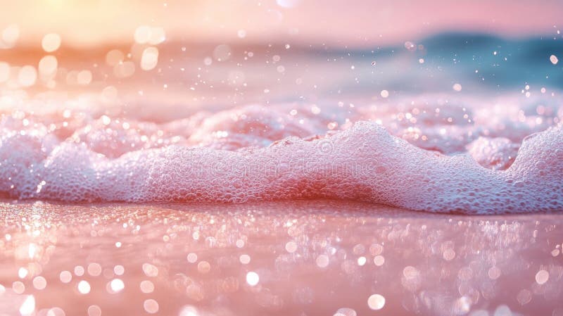 Serene Pink Ocean Waves with Glittering Foam at Sunset Stock Photo ...