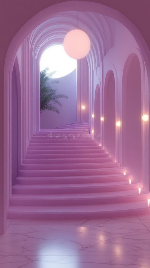A Serene Pink Staircase with Arches and Soft Lighting Inside a Modern ...