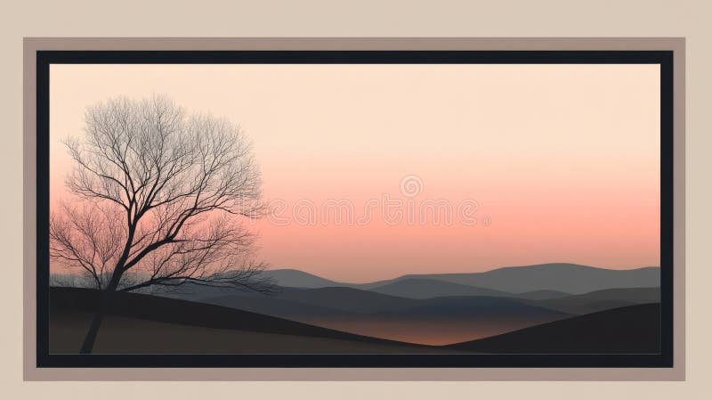 Serene Pink Sunset Landscape with Silhouette Tree Stock Illustration ...