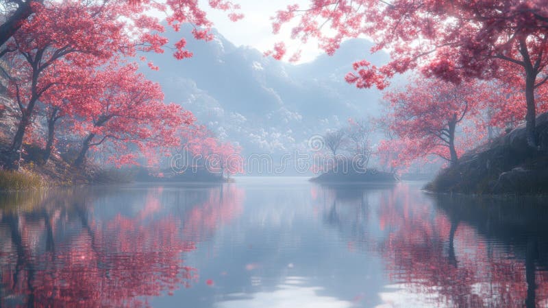 Serene Pink Trees Reflecting in a Calm Lake Stock Illustration ...