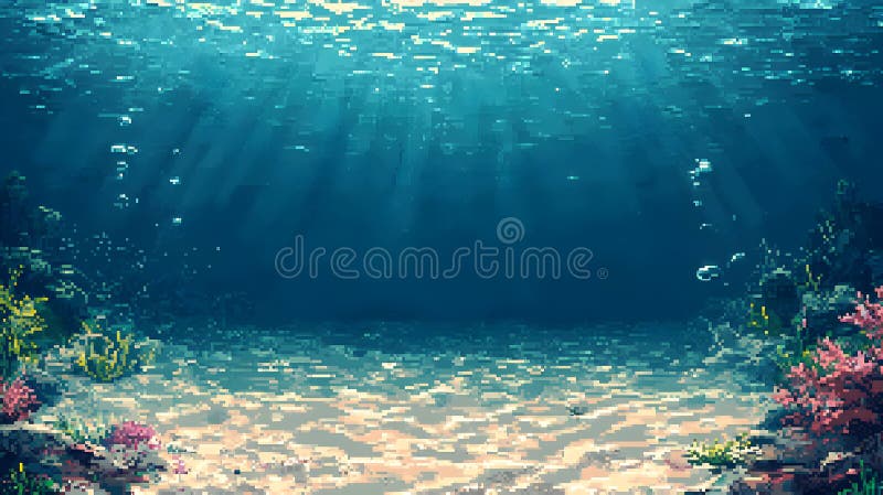 Serene Pixel Art Underwater Scene with Sunlight Rays through Deep Blue ...