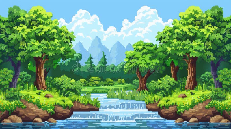 Serene Pixelated Landscape with Waterfall and Lush Greenery Stock Image ...