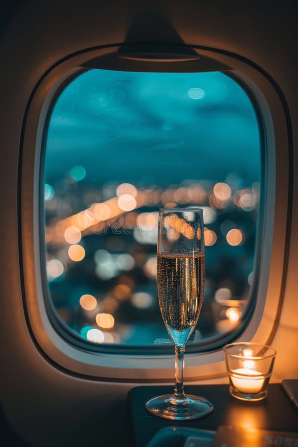 Serene Plane Window View With Dark Turquoise Skies And Elegant Champagne Glass In Soft Light