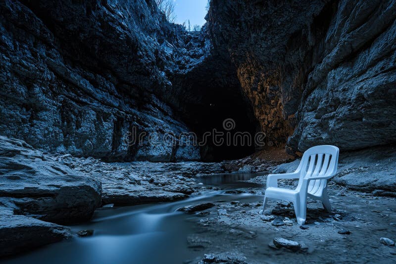 Atmospheric Cave Scene with a Chair by a Tranquil Stream Stock Image ...