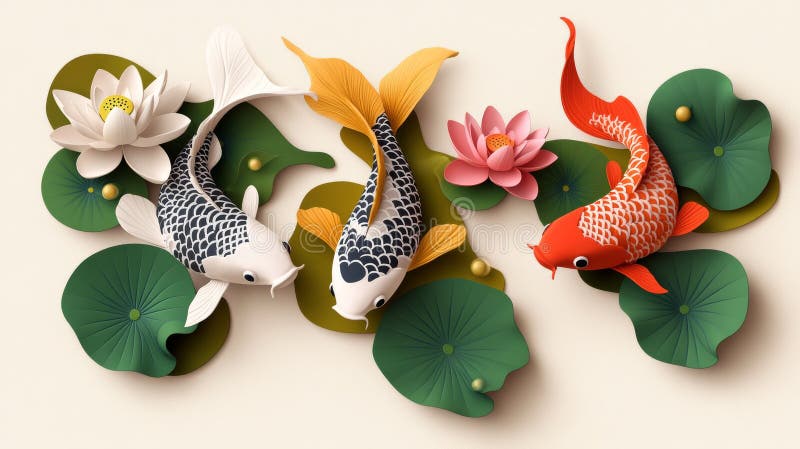 A Serene Pond Features Three Koi Fish Swimming among Lotus Flowers ...