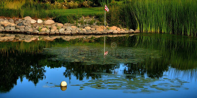 Serene Pond Reflections Golf Course Water Feature with Flag and Lily ...