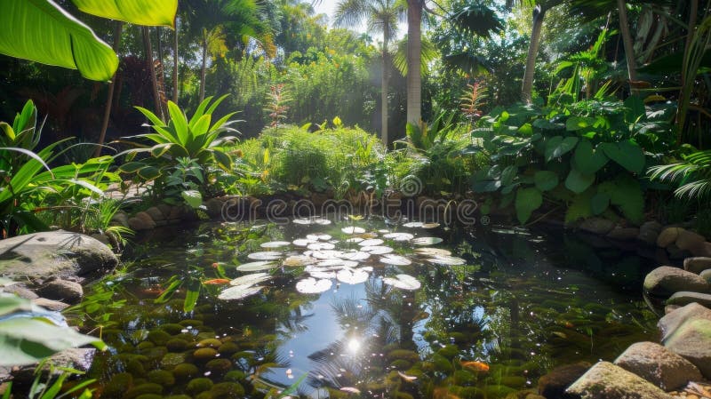 A Serene Pond Surrounded by Greenery Fed by a Solar Powered Water Pump ...