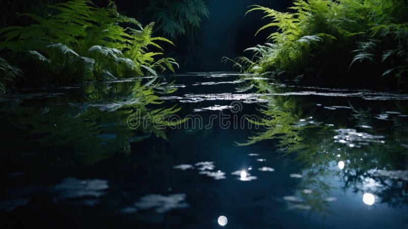Serene Night Reflection of Ferns in Dark Water Stock Illustration ...
