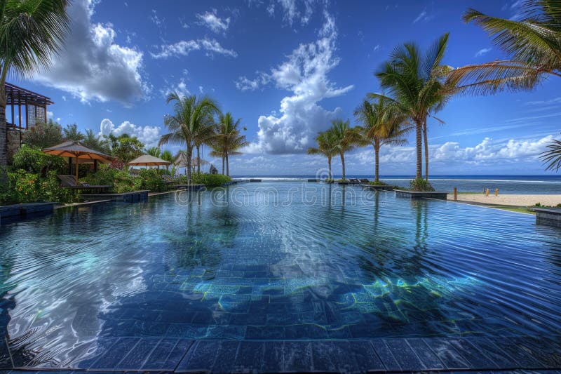 Serene Pool Scene Palm Trees Beautiful Beach Background Stock Photos ...