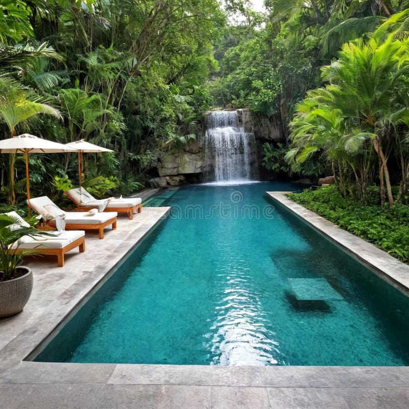 Tranquil Pool and Waterfall in Tropical Jungle Stock Illustration ...