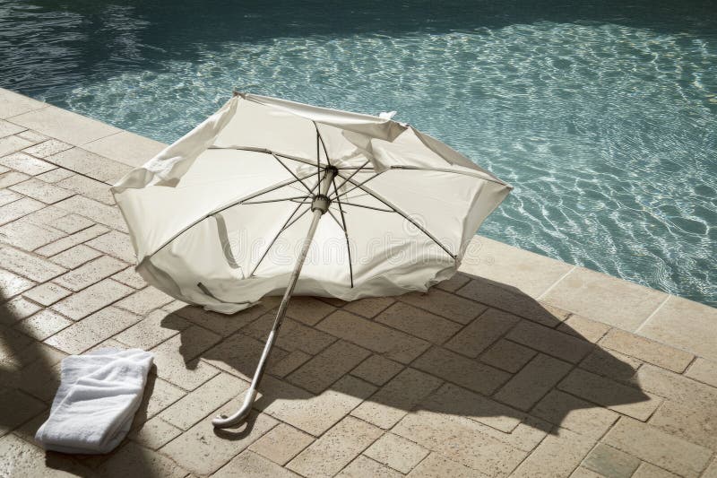 A Beautiful Poolside Scene with a White Umbrella Casting Shadows on the ...
