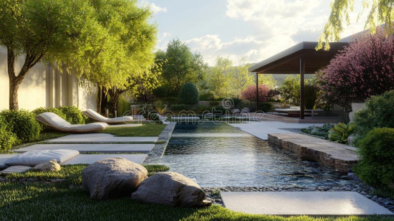 Serene Poolside Landscape Design with Lush Greenery and Modern ...