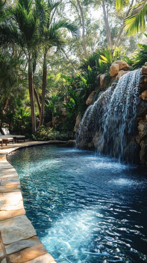 Serene Poolside Oasis with Cascading Waterfall Surrounded by Lush Greenery in a Tranquil Setting ...