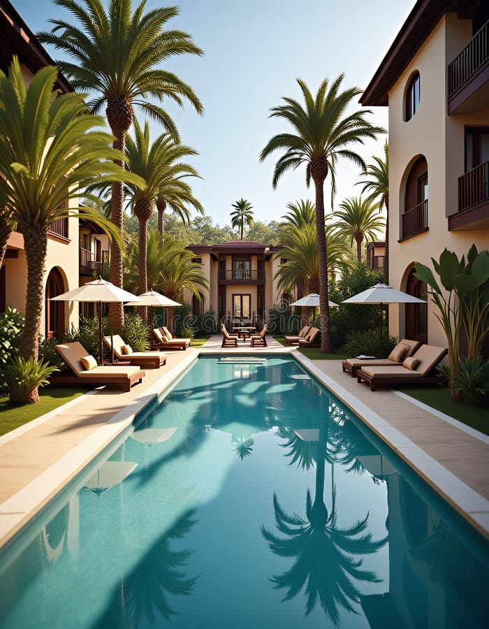 Serene Poolside Oasis: Palm-Lined Courtyard with Mediterranean ...