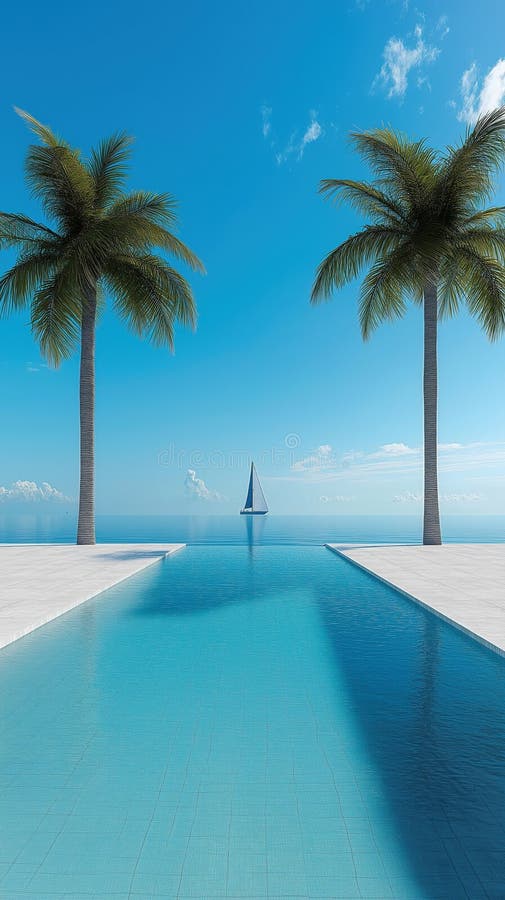 Serene Poolside Paradise with Palm Trees and Sailboat Stock ...