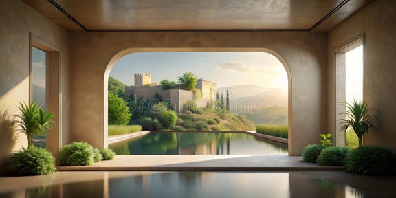 Serene Poolside Pavilion with Archway View of Distant Structure and ...