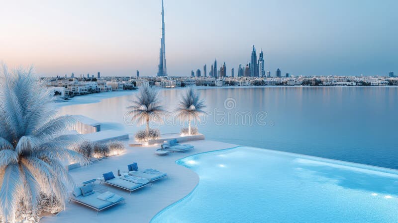 Serene Poolside Scene Featuring Lounge Chairs Palm Trees Water Stock ...