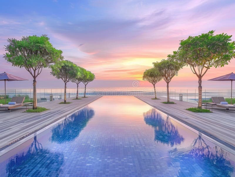 Serene Poolside at Sunset with Ocean View and Trees Stock Image - Image ...