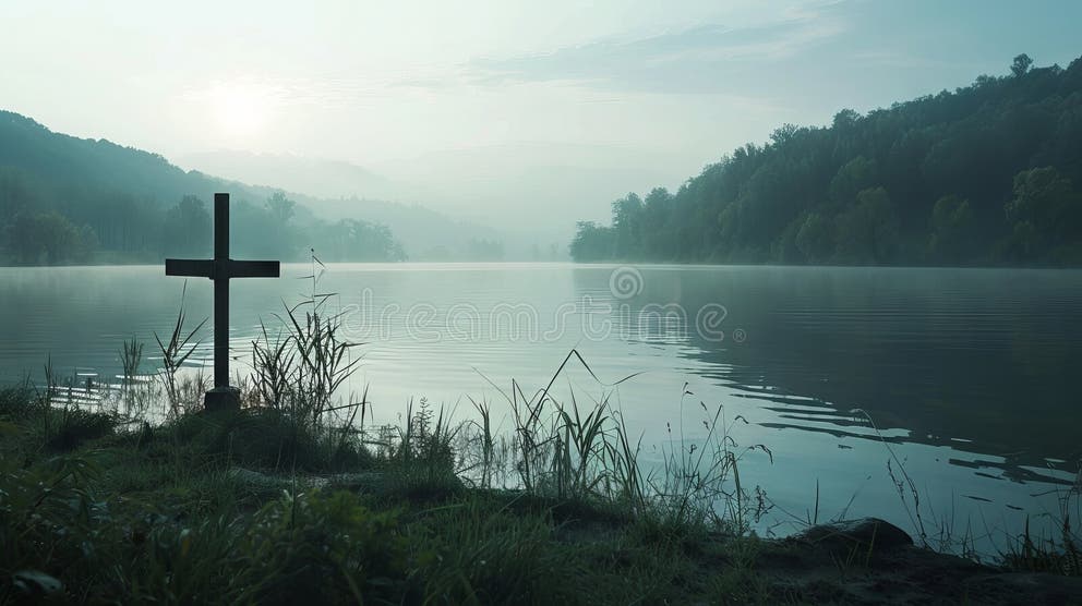 Serene Poster Landscape with Cross Stock Illustration - Illustration of ...