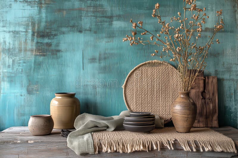 Serene Pottery and Natural Decor on a Transformative Teal Backdrop ...
