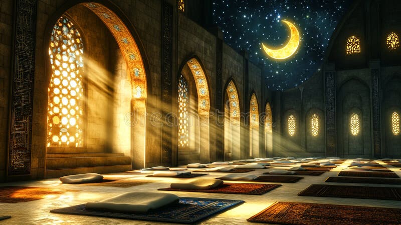 A Serene Prayer Hall Illuminated by Moonlight Stock Illustration ...
