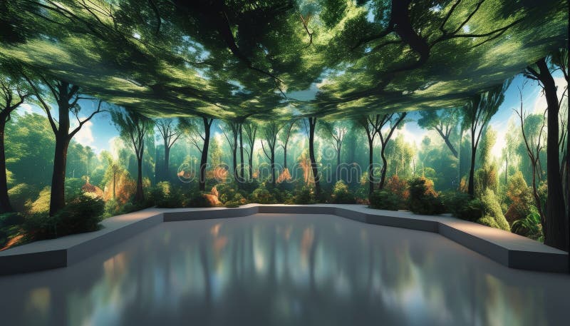 A Serene Projection Room Featuring a Forest Landscape and Reflective ...