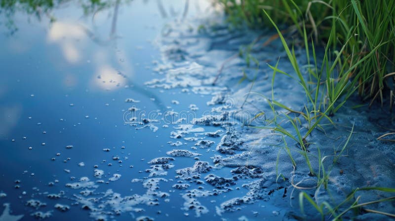 A Serene Puddle of Blue Water with Grass and Clouds in the Background ...
