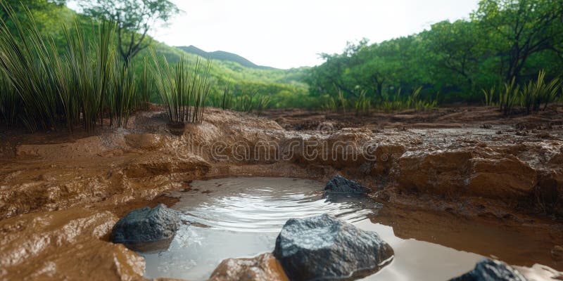 Serene Puddle Reflects the Sky in a Muddy Landscape. Stock Illustration ...