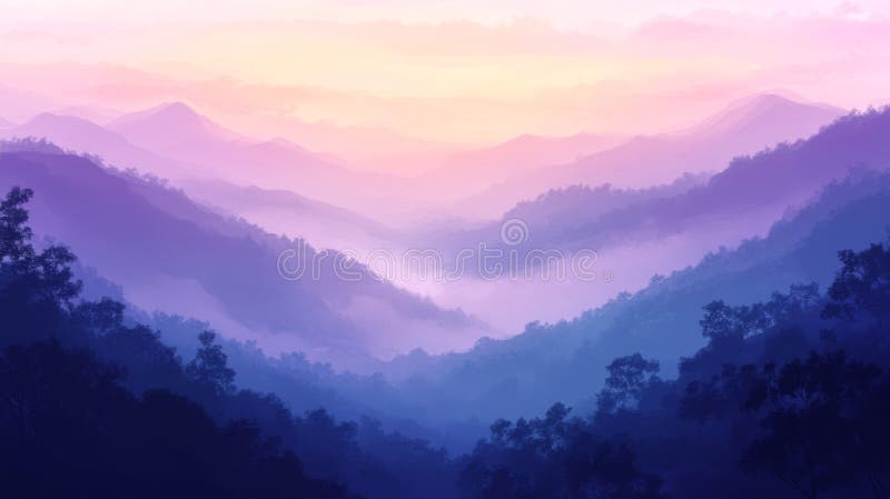 Serene Purple Mountains Under a Soft Sunrise Glow Stock Illustration ...
