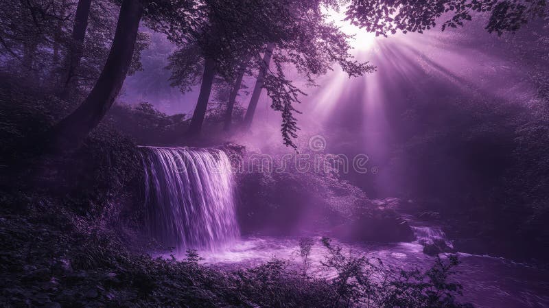 Serene Purple Waterfall in a Mystical Forest with Soft Light Rays Stock ...