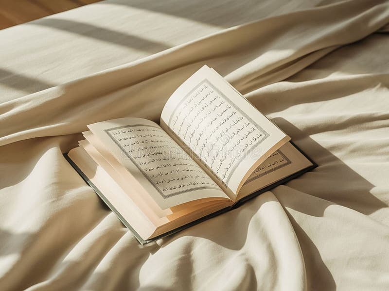 Serene Quran Reading Open Arabic Book on Soft White Bedsheets Stock ...