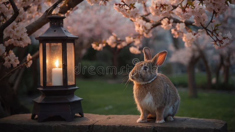 Serene Bunny by Lantern Light Under Cherry Blossoms at Dusk Stock ...