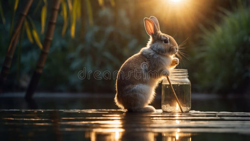 Adorable Baby Bunny Rabbit Standing by Glass Jar at Golden Hour Stock ...