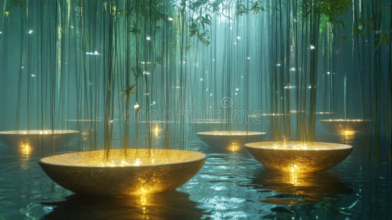 Serene Rain Forest Scene with Glowing Golden Bowls Stock Illustration ...