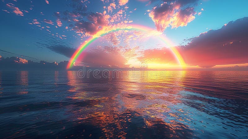 Serene Rainbow Over a Calm Ocean at Sunset with Dramatic Clouds. AI ...