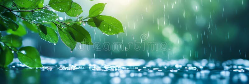 The Serene Rainfall Falls Over the Lush Greenery, Creating a Refreshing ...