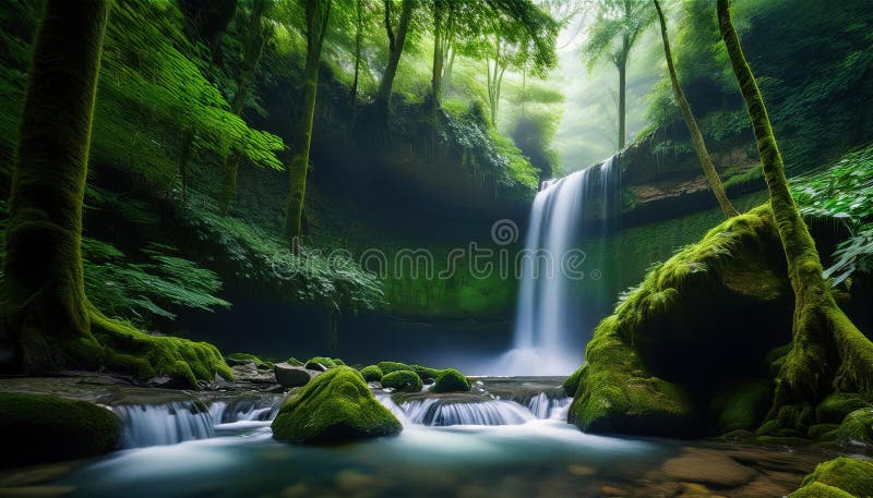A Serene Rainforest Scene with a Waterfall Cascading into a Shallow ...