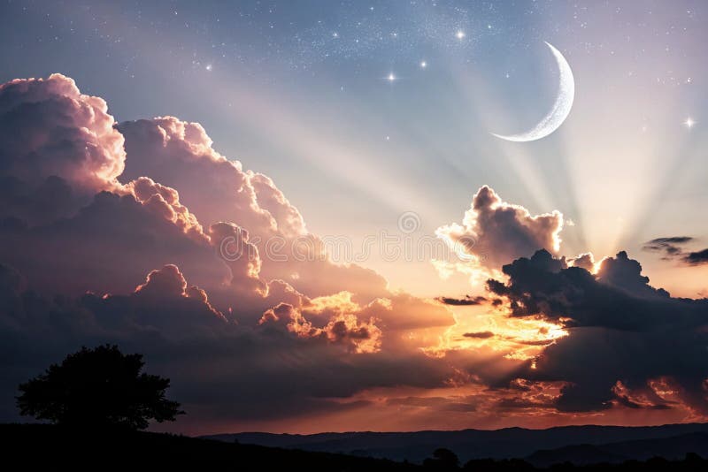 Beautiful Dark Fluffy Cloudy Sky with Sun Rays. Crescent Moon with ...