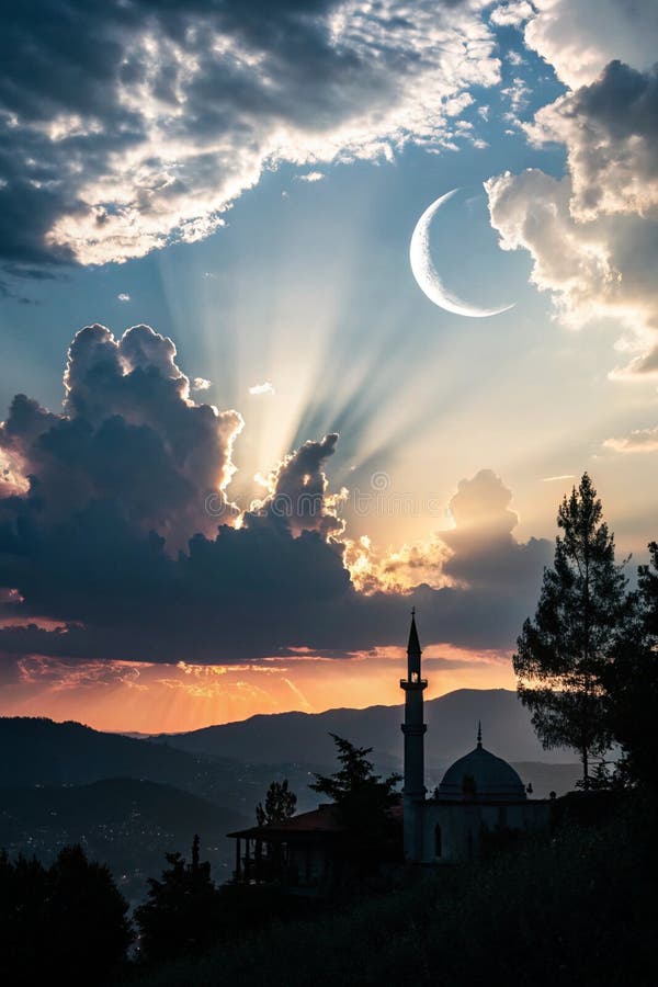 Beautiful Dark Fluffy Cloudy Sky with Sun Rays. Crescent Moon with ...