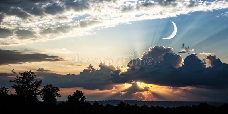 Beautiful Dark Fluffy Cloudy Sky with Sun Rays. Crescent Moon with ...