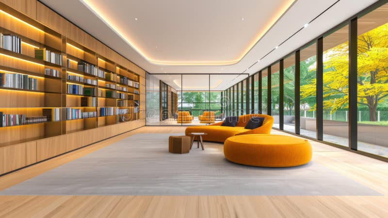 Serene Reading Haven: Luxurious Library Interior with Panoramic Window ...