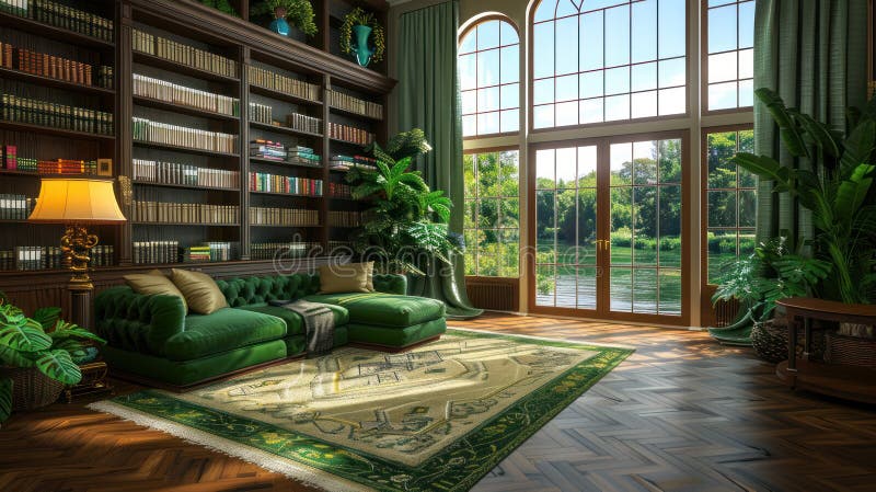 Serene Reading Haven in a Luxurious Library with Panoramic Window and ...