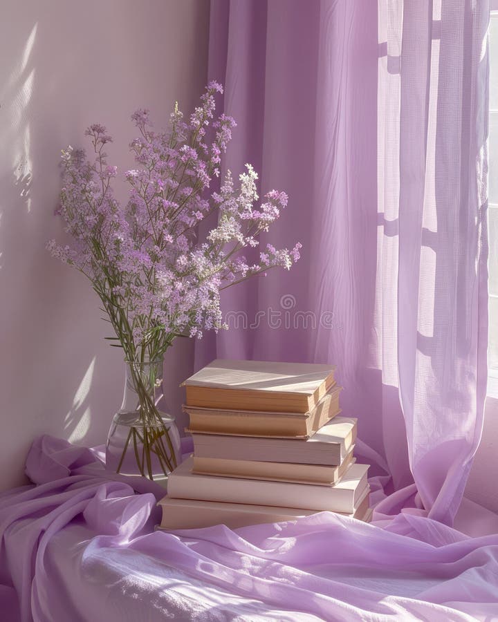 Serene Reading Nook Stack of Books and Lavender Flowers on a Soft ...