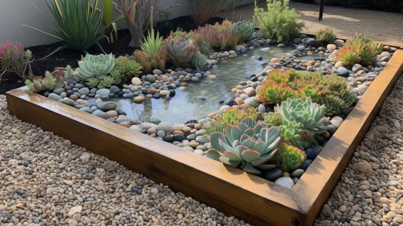 Serene Rectangular Water Feature Surrounded by Gravel and Succulents ...
